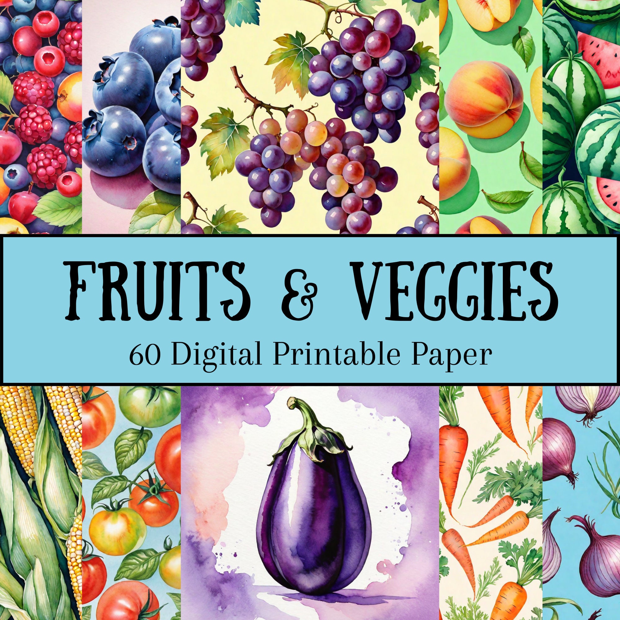 Fruits & Veggies Paper - Digital Paper, Colorful Scrapbook Paper, Food ...