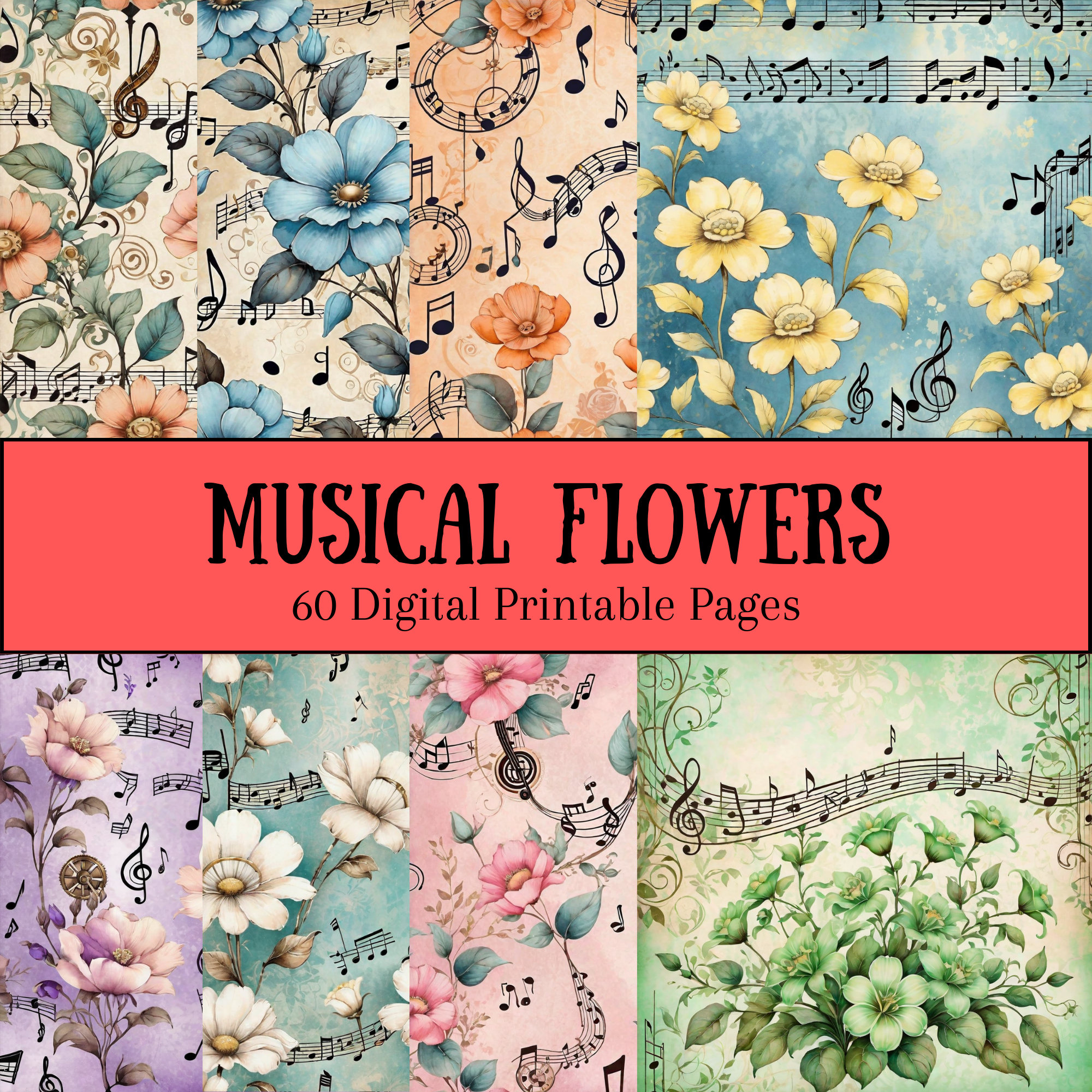 Music Scrapbook Paper - Floral Digital Journaling Paper, Whimsical ...