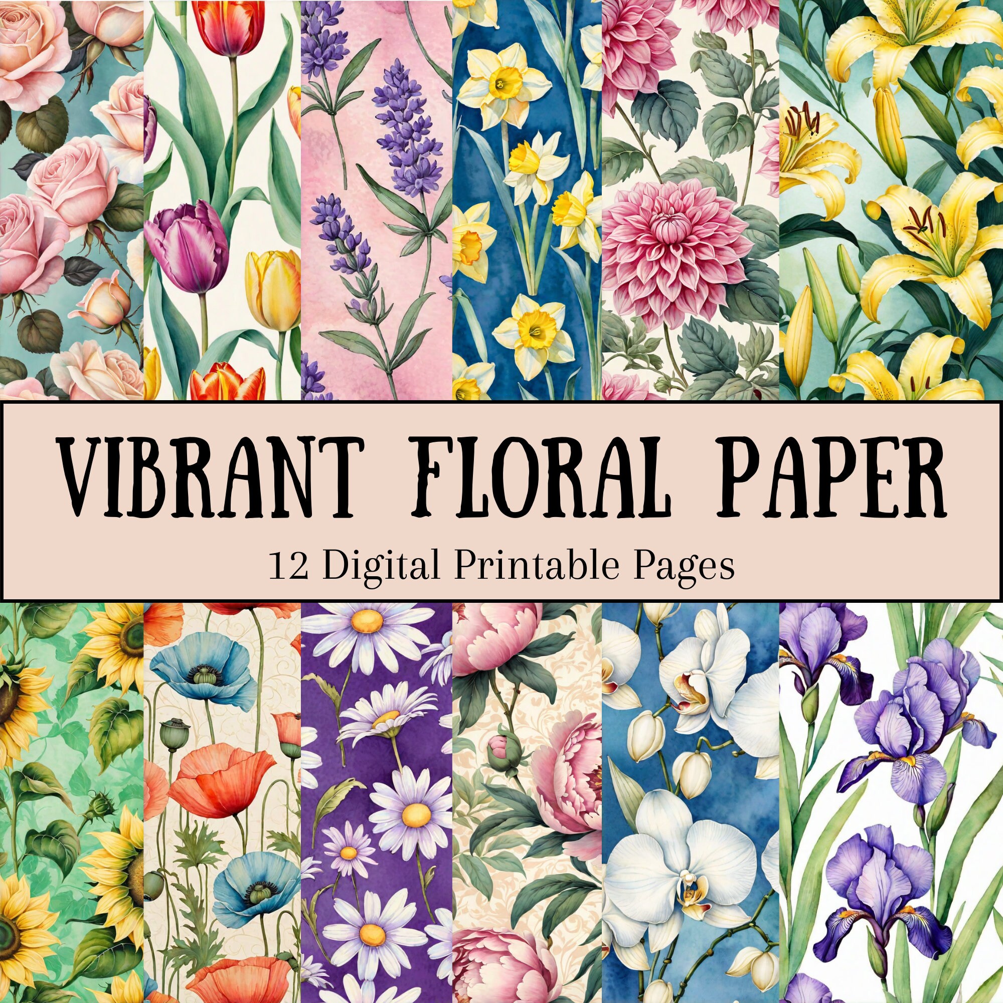Bright Floral Paper, Flower Scrapbook Paper, Floral Pattern Ephemera ...