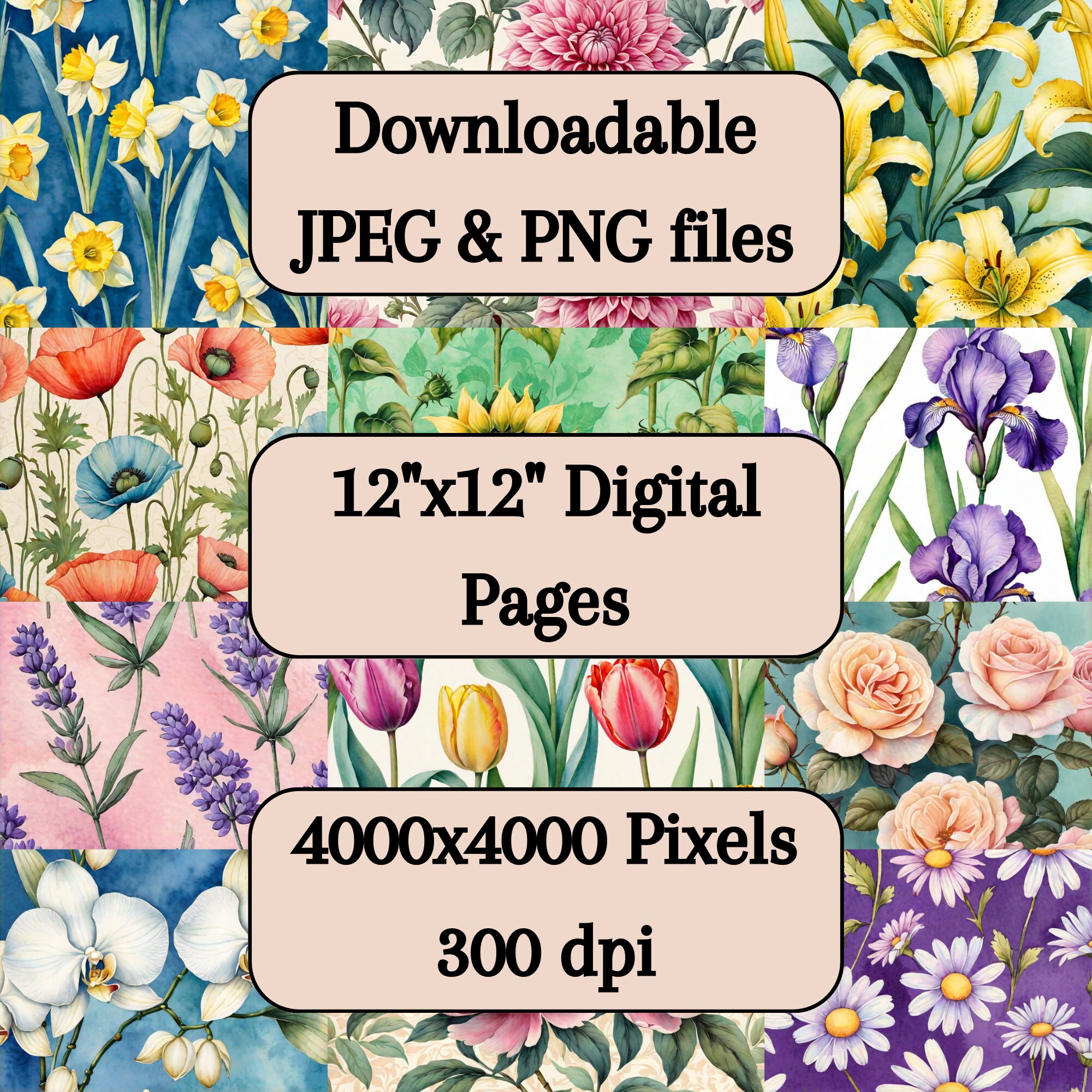Bright Floral Paper, Flower Scrapbook Paper, Floral Pattern Ephemera ...