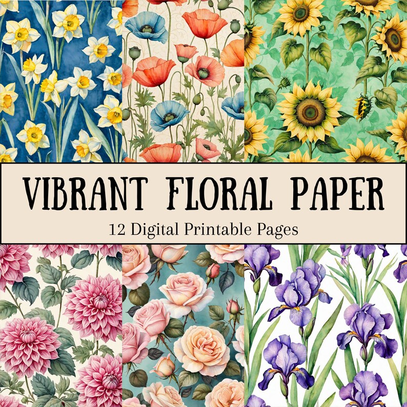 Bright Floral Paper, Flower Scrapbook Paper, Floral Pattern Ephemera ...