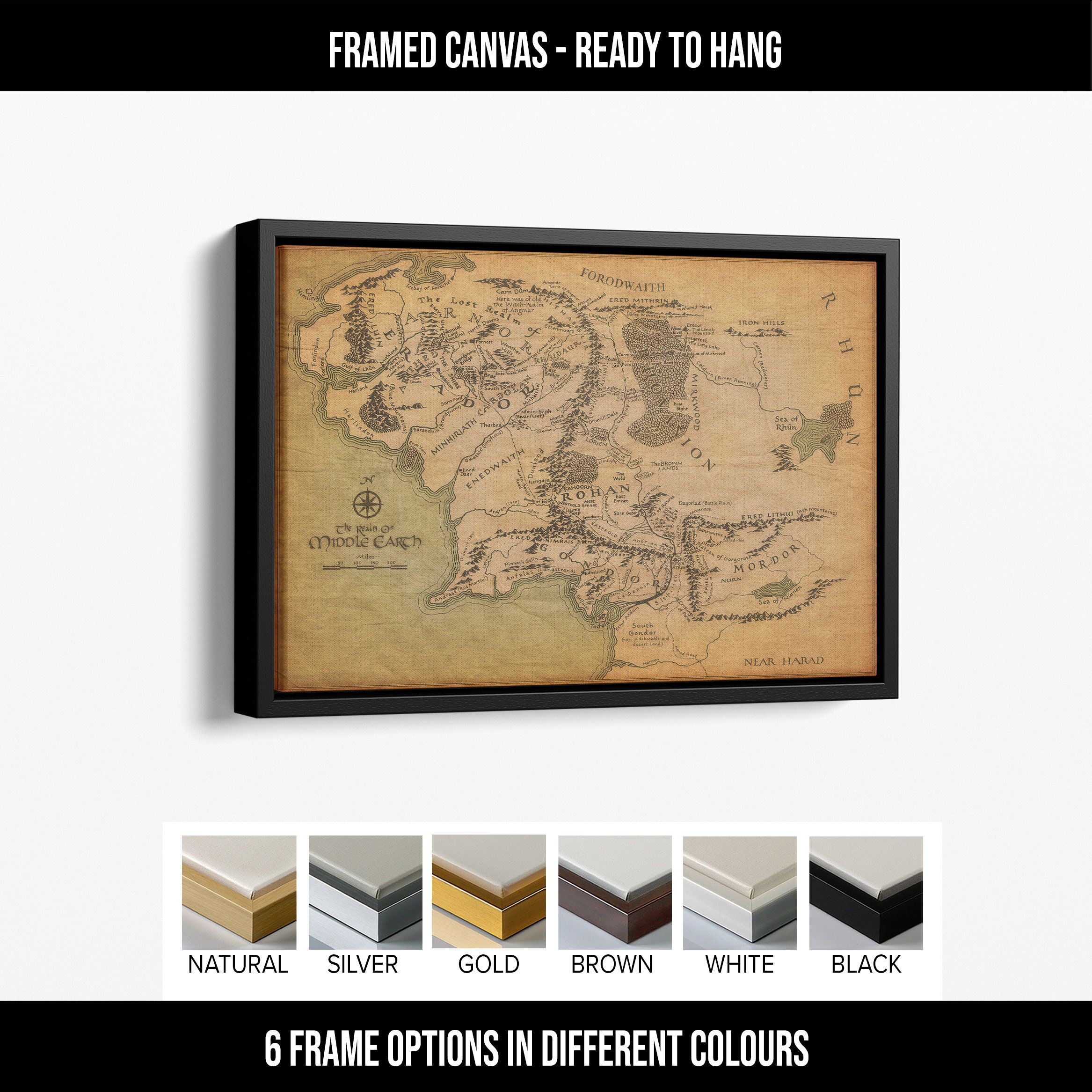 Lord of the Rings Middle Earth Print Canvas, Middle Earth Vintage Map ...
