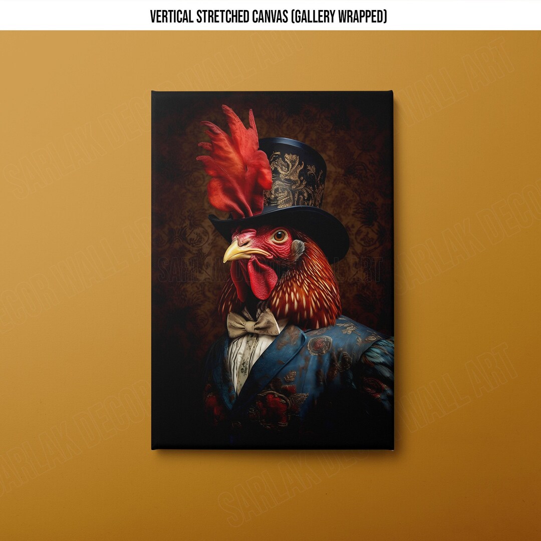 Rooster in a Dress and Flowers Canvas Wall Art, Rooster Canvas Painting ...