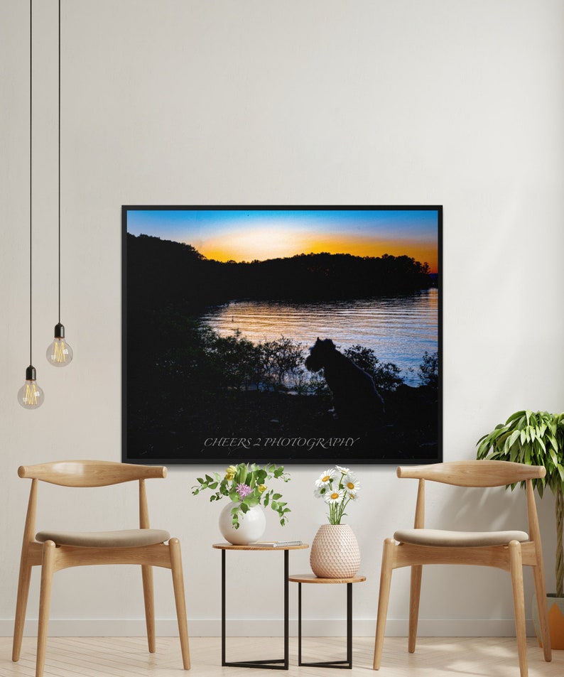 Serenic Sunset Silhouette Digital Wall Art, Dog by Lake at Sunset ...