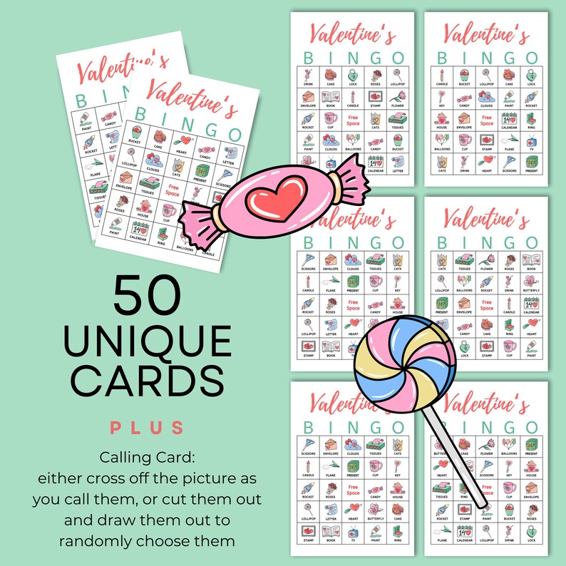 Kindergarten Valentine's Day Bingo Board | 50 Unique Boards | Valentine ...