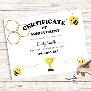 Printable Spelling Bee Certificate | 1st, 2nd, 3rd Place ...