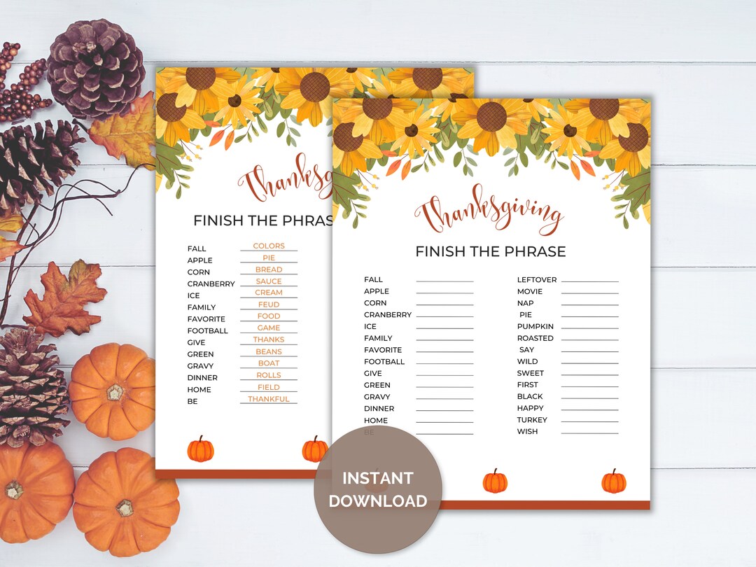 Thanksgiving Finish the Phrase Game Finish My Phrase After Dinner Games ...