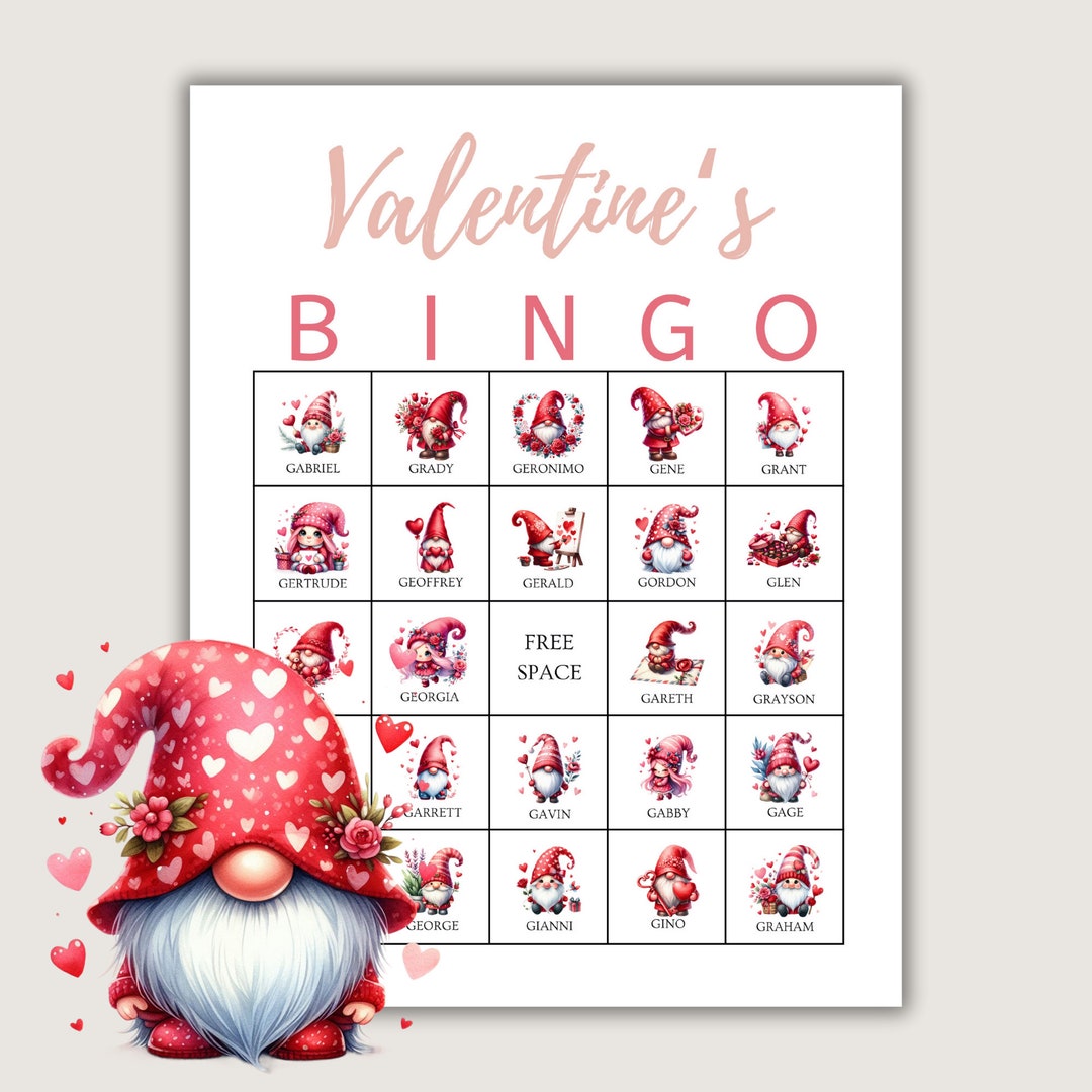 Gnome Valentine's Day Bingo Board | 50 Unique Boards | Valentine Bingo ...