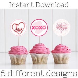 Valentines Day Printable Cupcake Toppers Pink Heart DIY Cake Topper ...