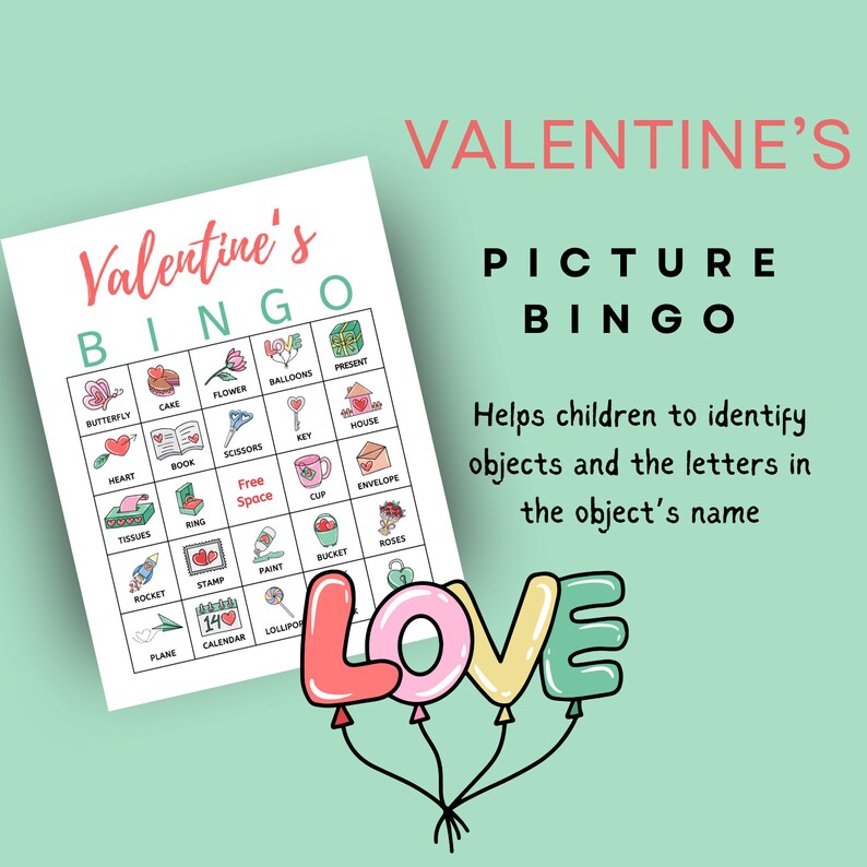 Kindergarten Valentine's Day Bingo Board | 50 Unique Boards | Valentine ...