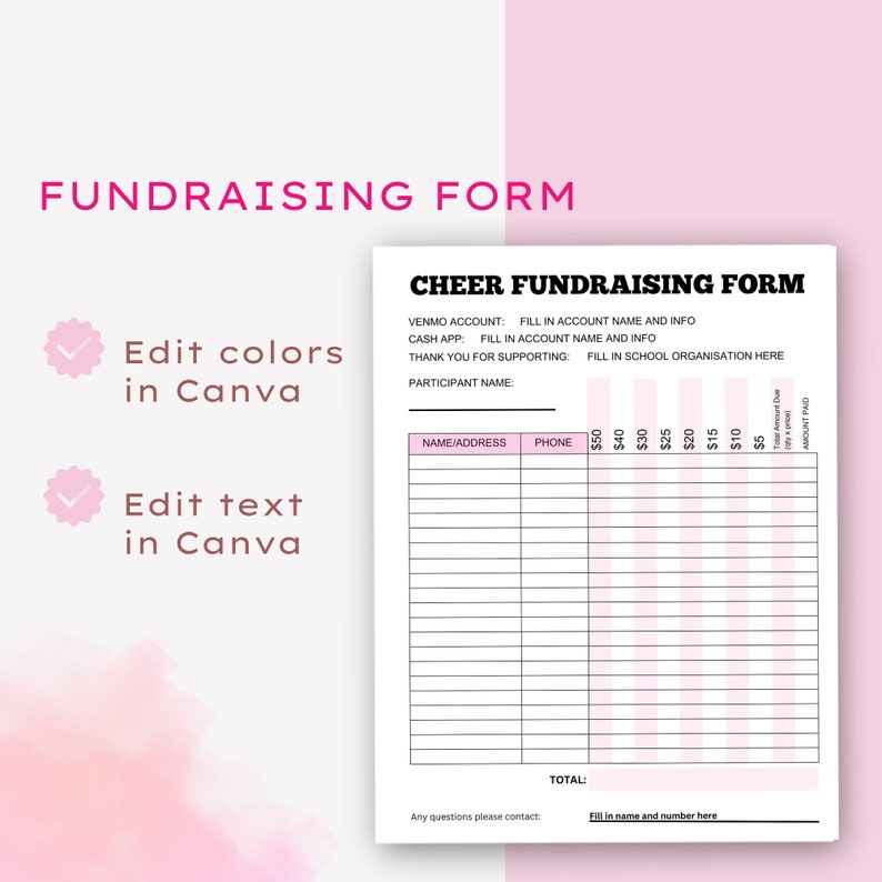Cheer Fundraiser Form Editable | School Cheer Squad Fundraising Forms ...