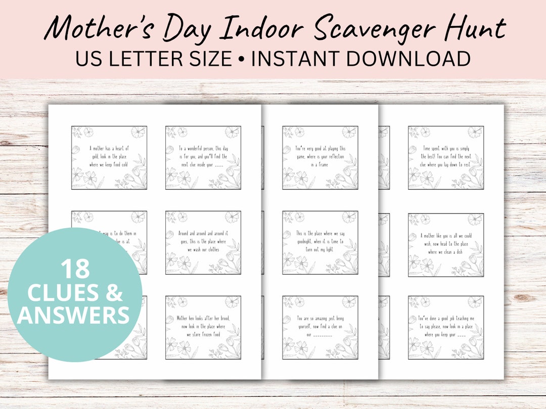 Printable Mothers Day Scavenger Hunt Clues for Kids & Moms Treasure ...