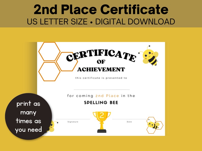 Printable Spelling Bee Certificate | 1st, 2nd, 3rd Place ...