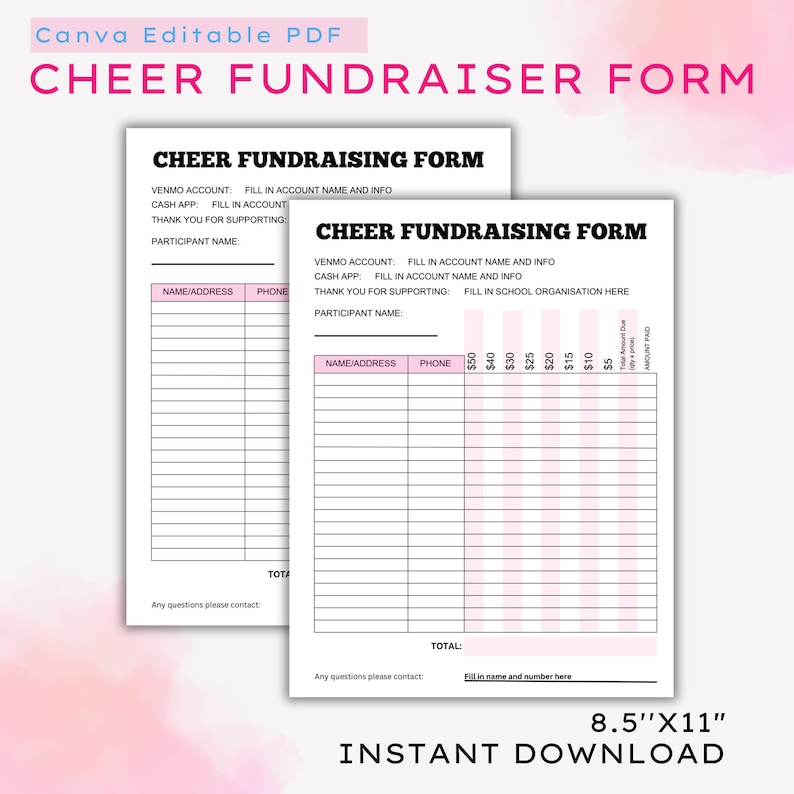 Cheer Fundraiser Form Editable | School Cheer Squad Fundraising Forms ...