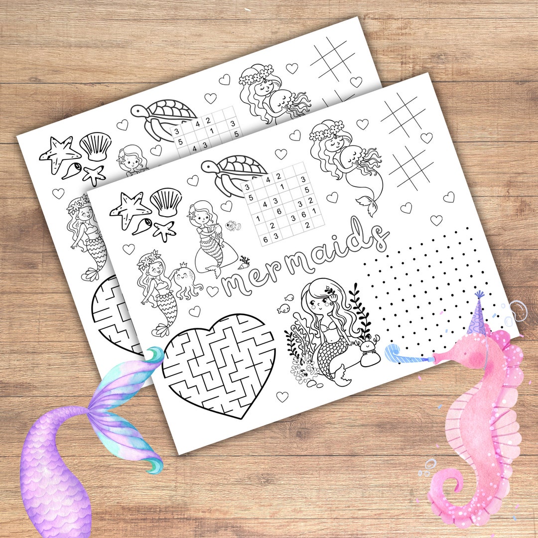 Coloring Placemat Mermaid | Mermaid Birthday Placemat | Activity Sheet ...