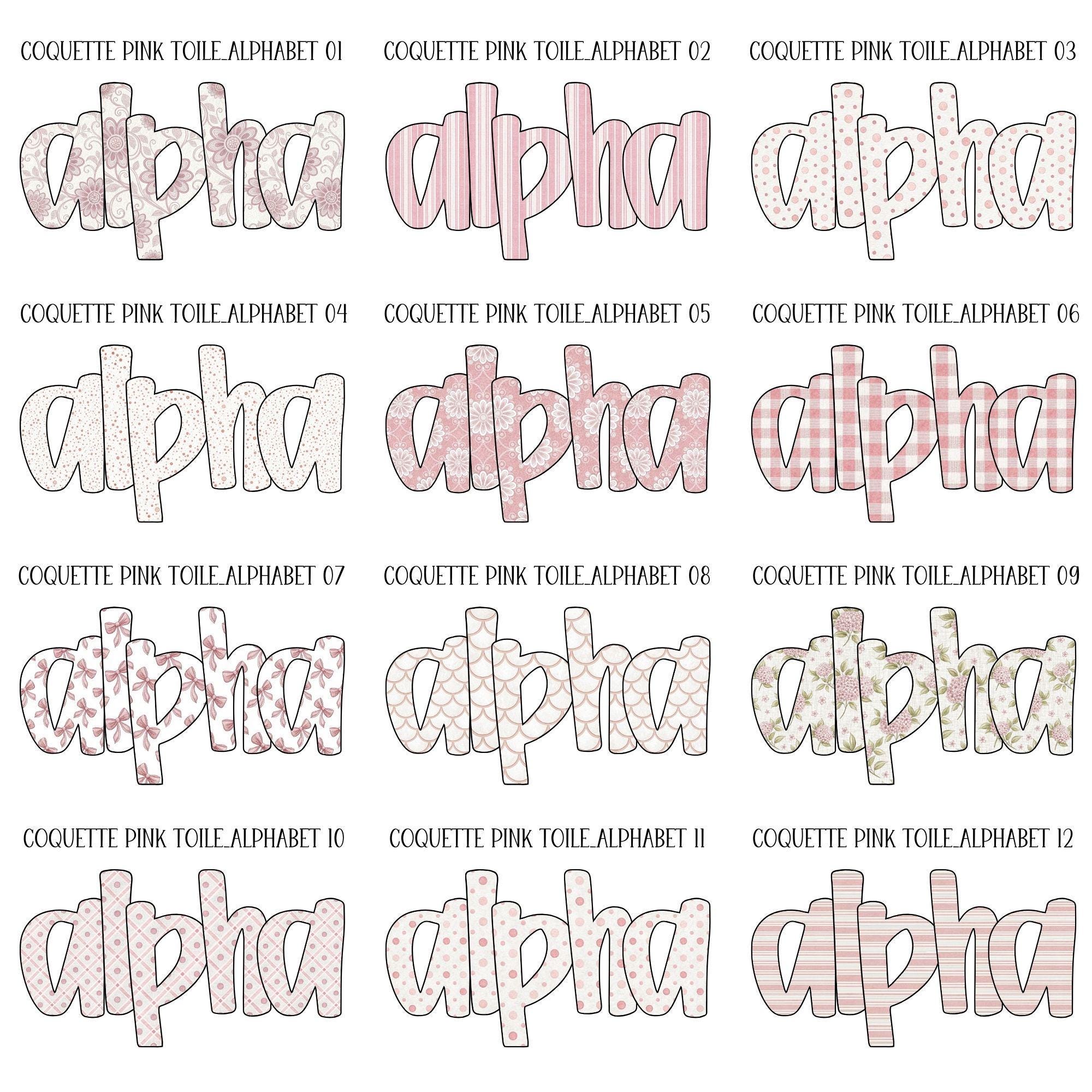 Pink Doodle Alphabet PNG Bundle – 12 Coquette Toile Letters, Preppy ...