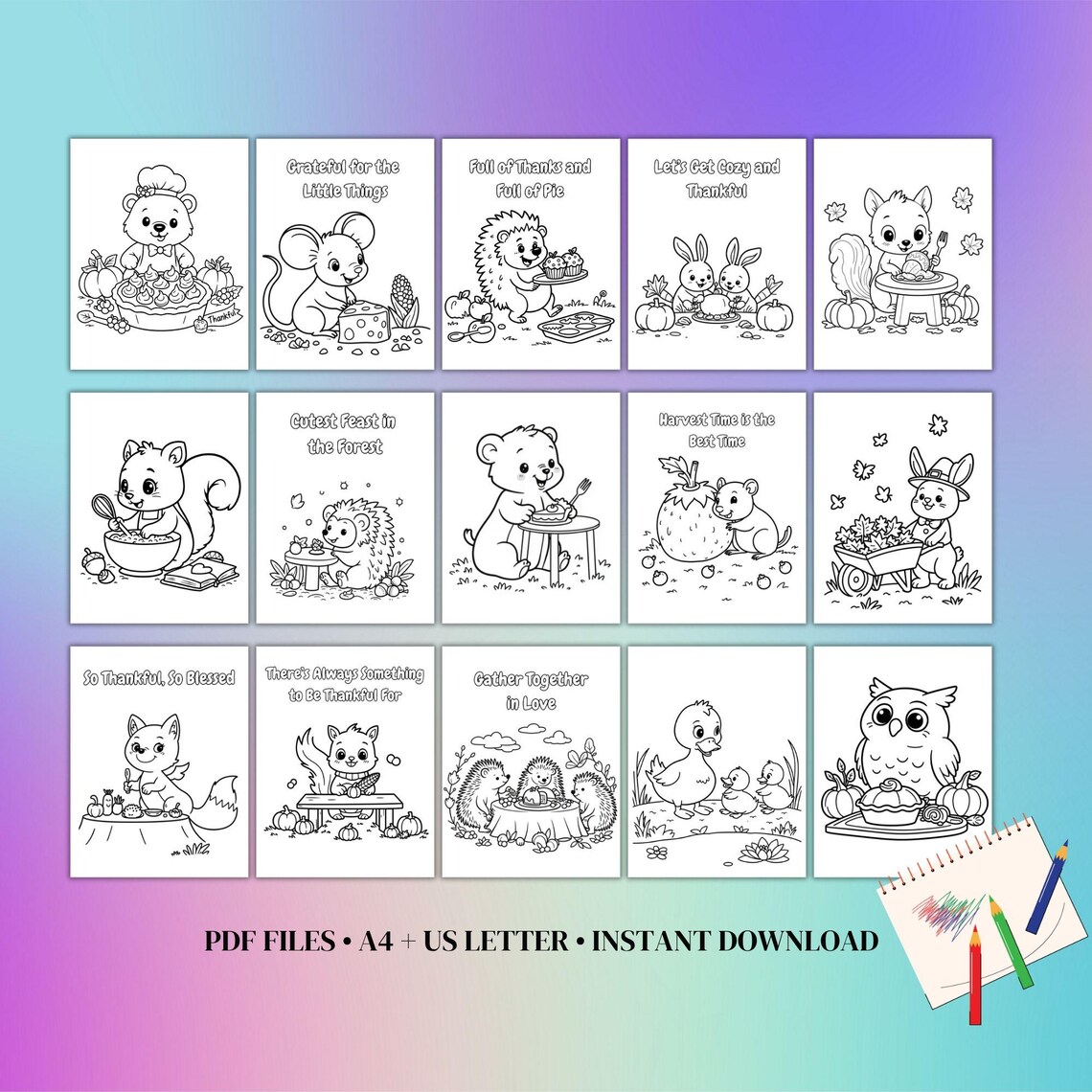 Thanksgiving Coloring Pages for Kids and Adults, Cute Animal Printable ...