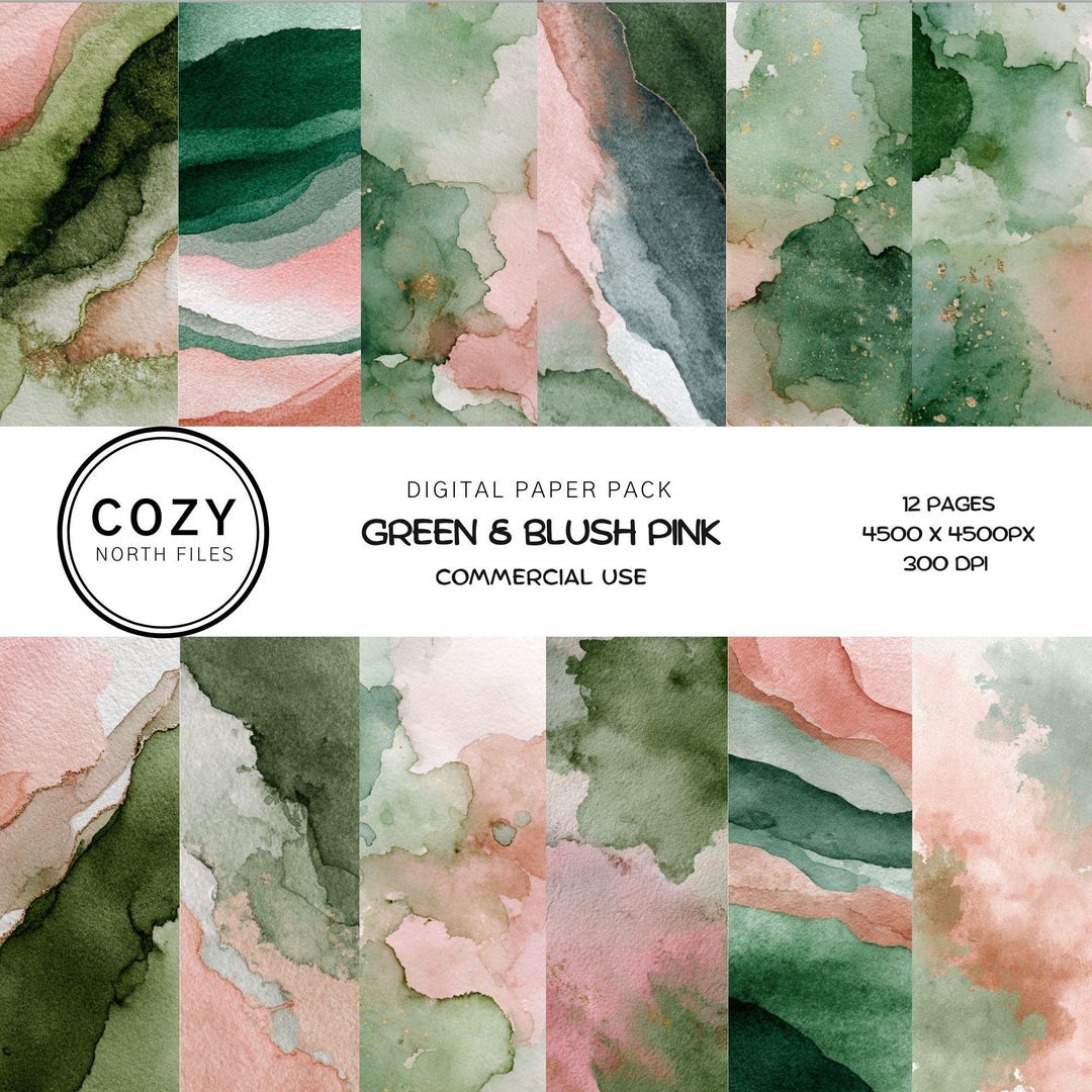 Blush Pink & Green Watercolor Digital Paper: Scrapbook Backgrounds ...