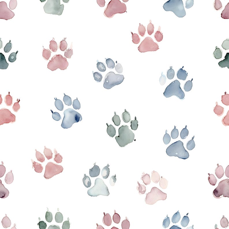 Pastel Paw Print Seamless Pattern - Watercolor Dog Paws Digital Paper ...