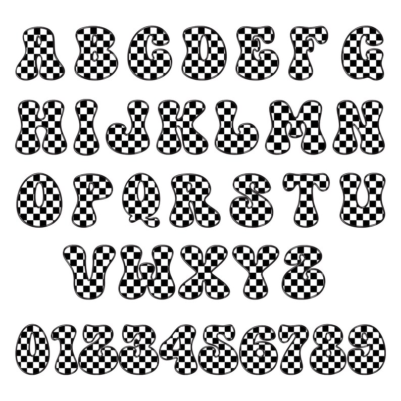 Retro Checkerboard Alphabet Clipart: Groovy Doodle Font (PNG Digital ...