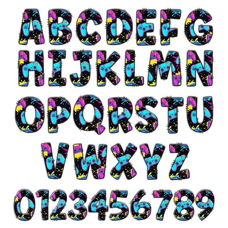 Gaming Clipart Letters, Neon Doodle Letters, Digital Download ...