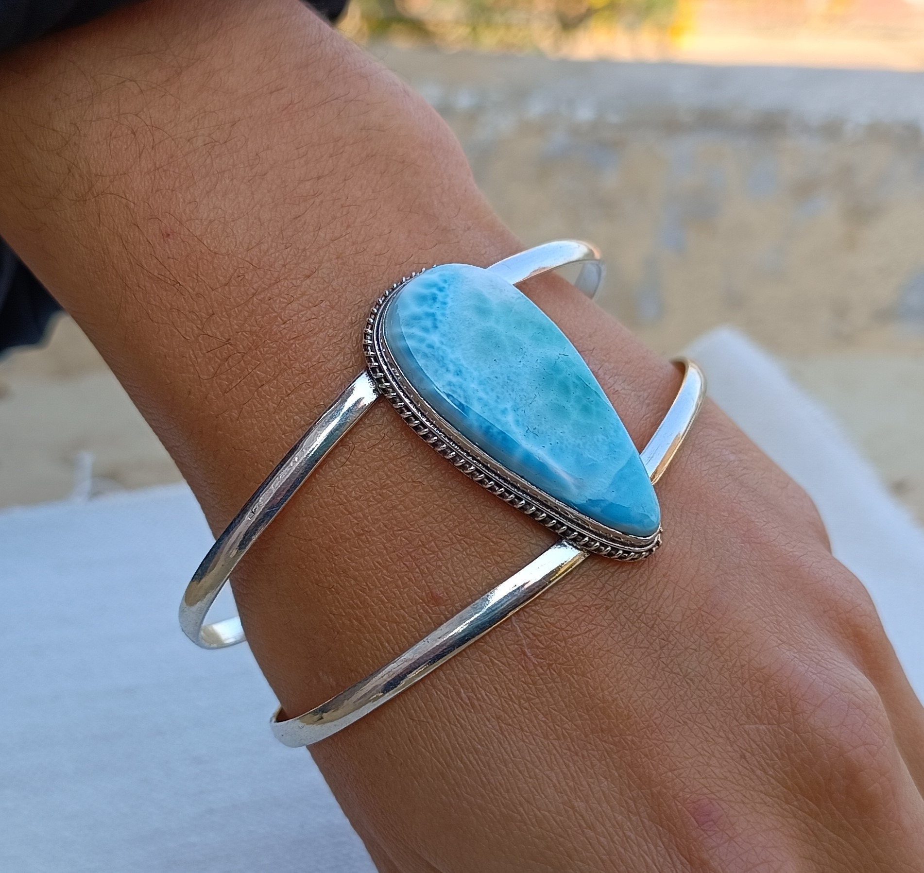 Handmade Larimar Bangle: Adjustable Sterling Silver Bracelet - Etsy
