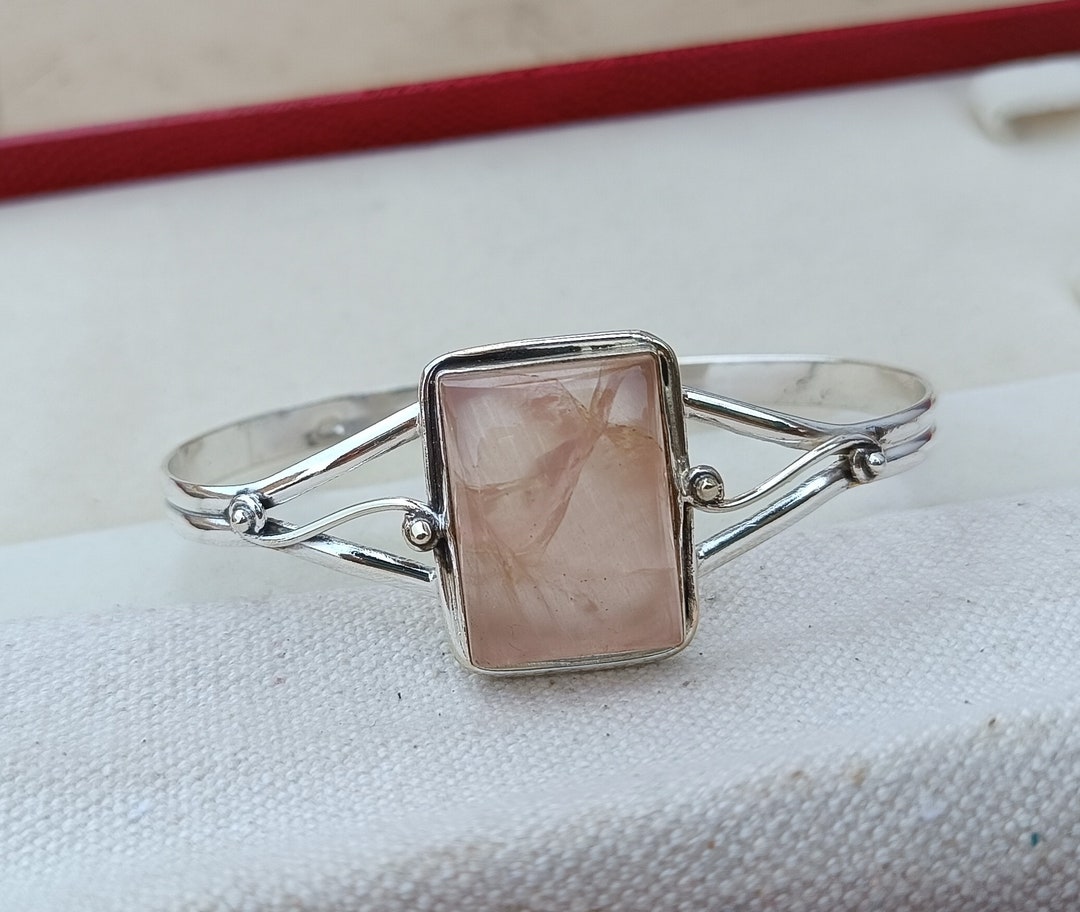 Rose Quartz Bangle , 925 Sterling Silver Bangle , Rose Quartz Jewelry, Boho Bangle , Rose Quartz ...