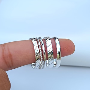 Set of 5 Sterling Silver Stacking Rings , Thin & Thick Rings , Dainty Beaded Twisted Rings ...