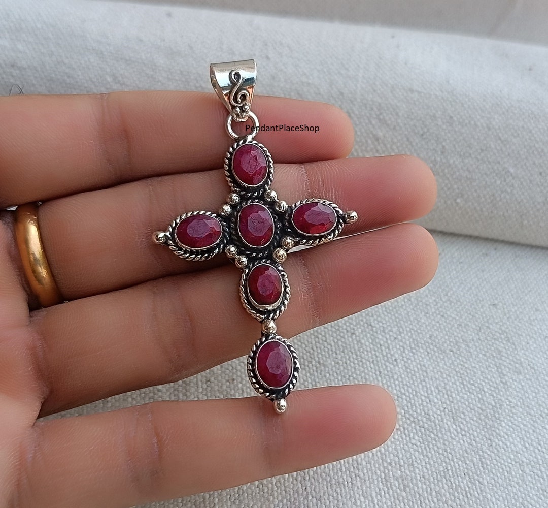 Indian Ruby Cross Pendant: 925 Sterling Silver Gemstone - Etsy