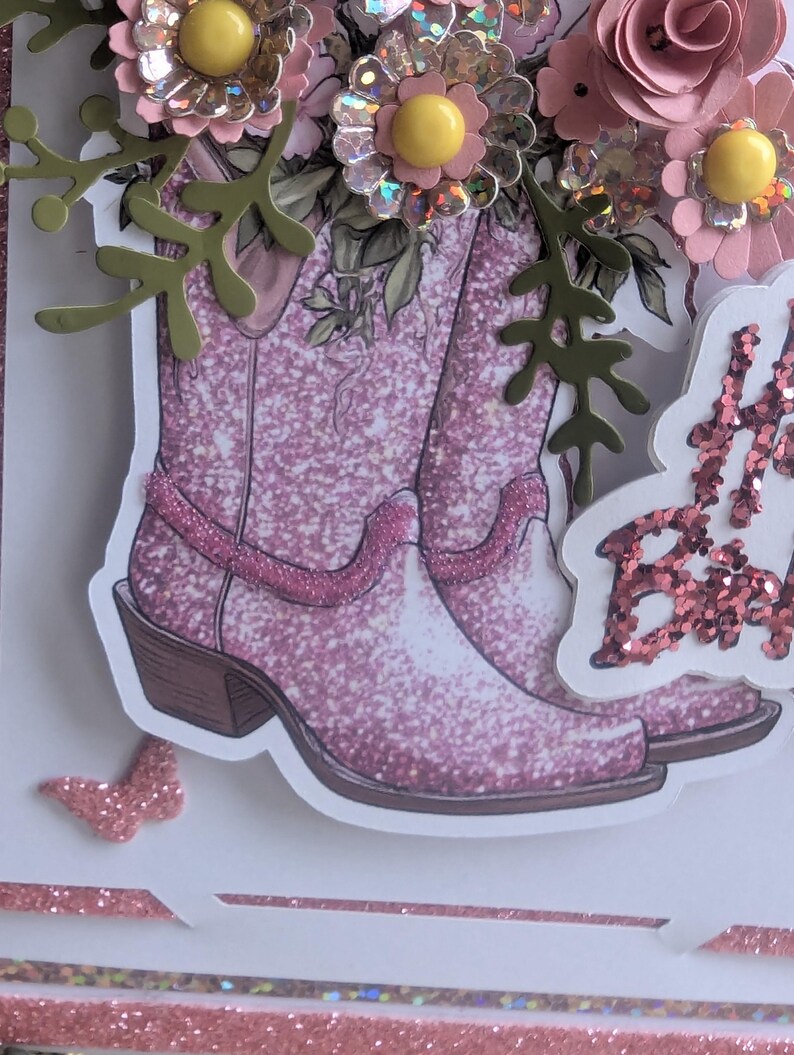 Pink Cowboy Boots Birthday Card Adorned With Handmade Flowers. - Etsy