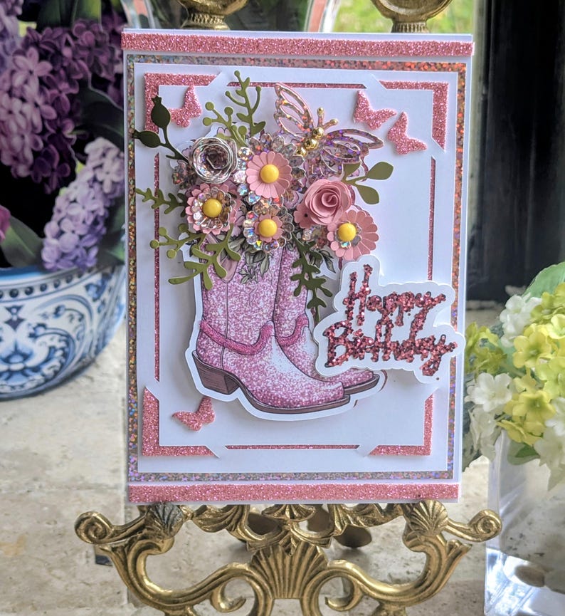 Pink Cowboy Boots Birthday Card Adorned With Handmade Flowers. - Etsy