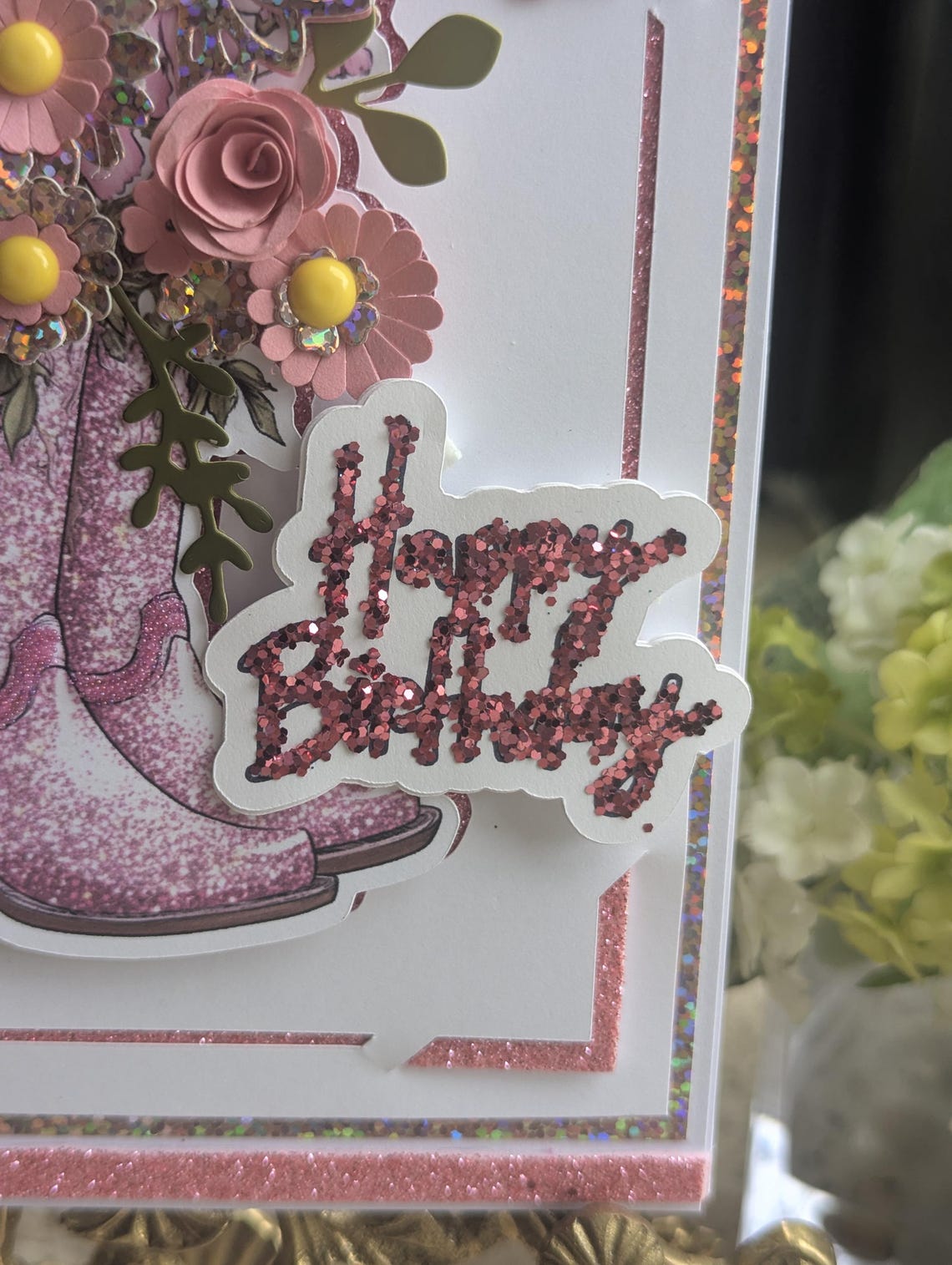 Pink Cowboy Boots Birthday Card Adorned With Handmade Flowers. - Etsy