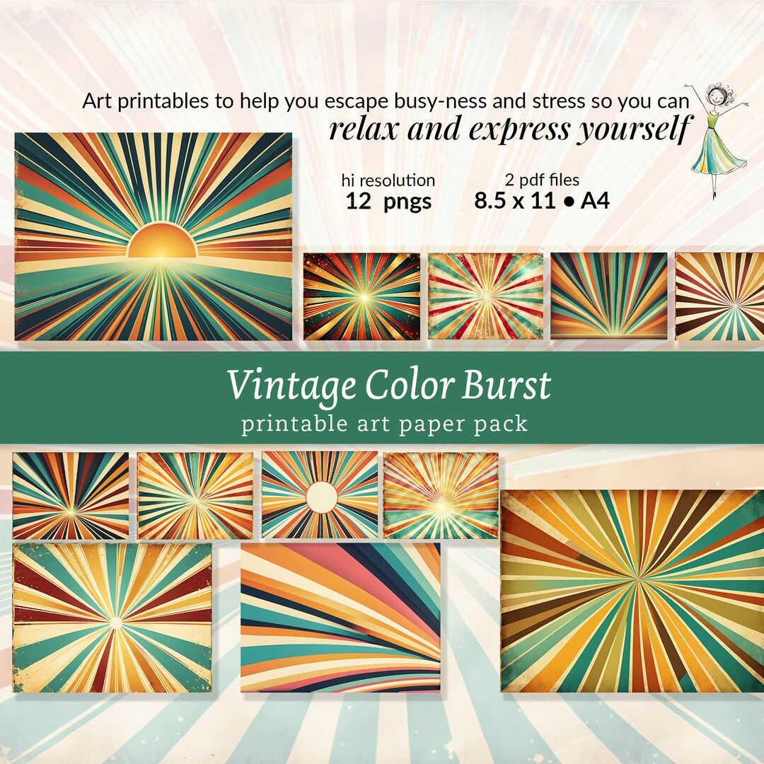 Vintage Color Burst Printable Art Pack for Junk Journals, Card Making ...