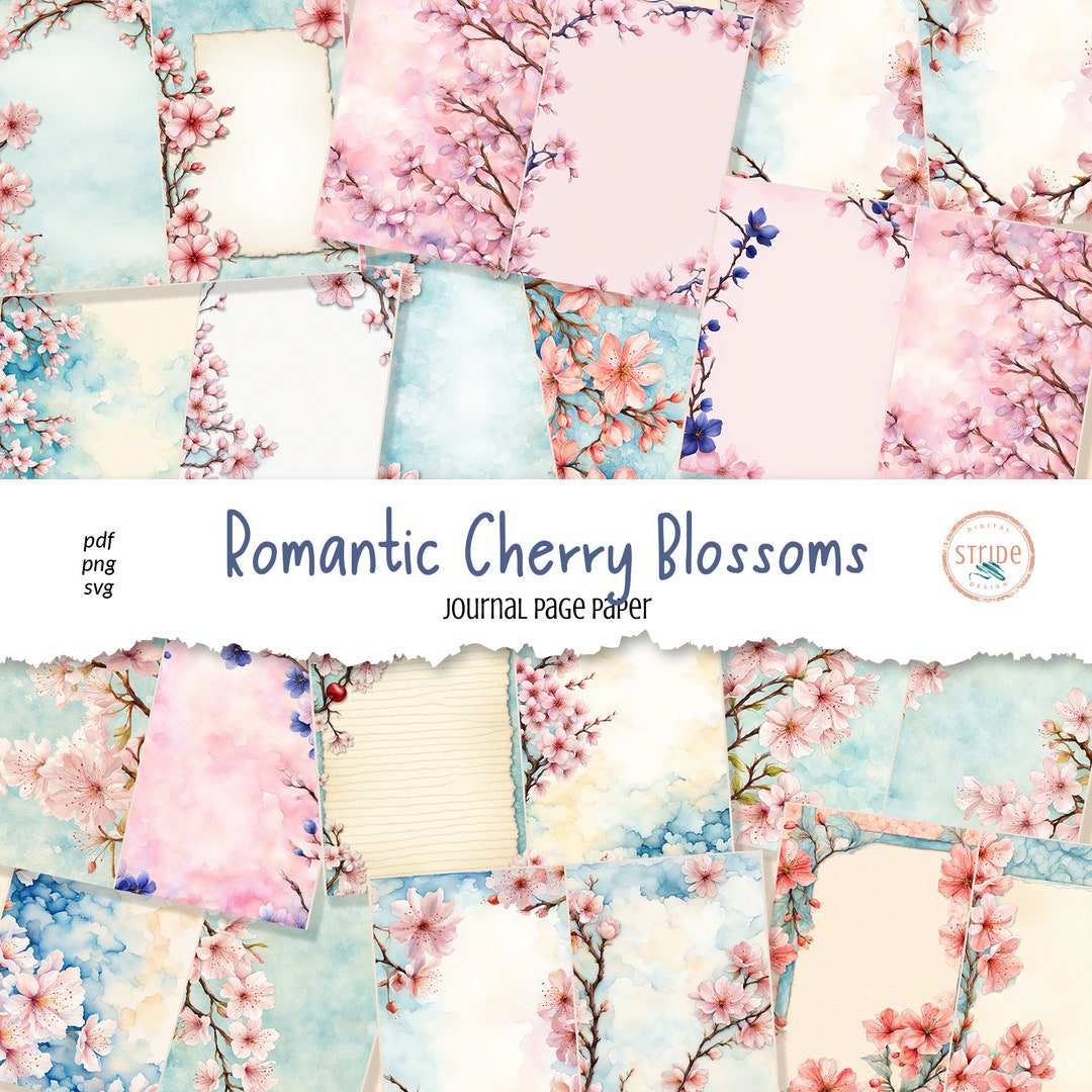 Romantic Cherry Blossoms Journal Paper Pack,12-pg Pdf, 12 Png, 12 Svg ...