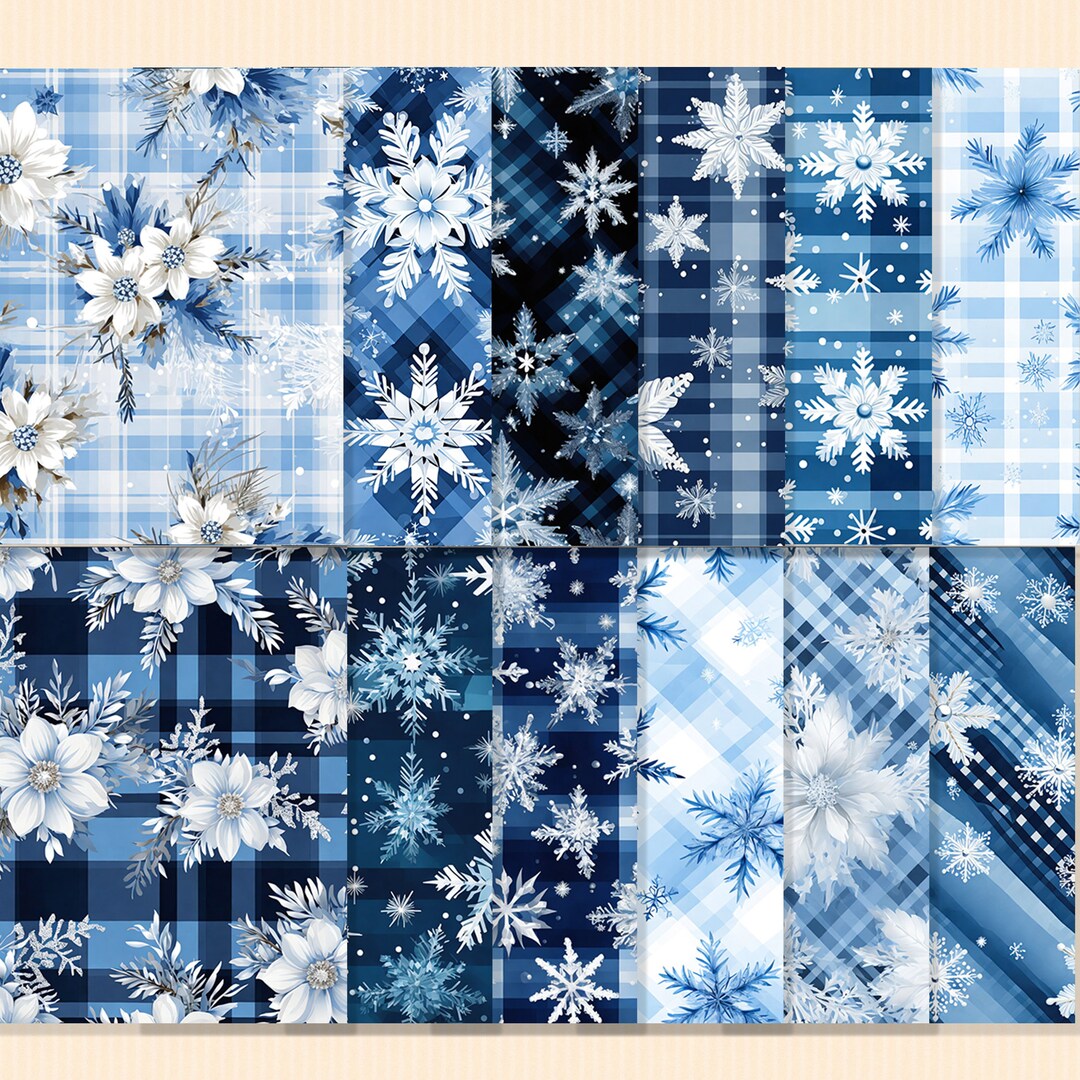 Wintry Snowflakes on Blue Plaid Craft Paper Pack,12-page Digital ...