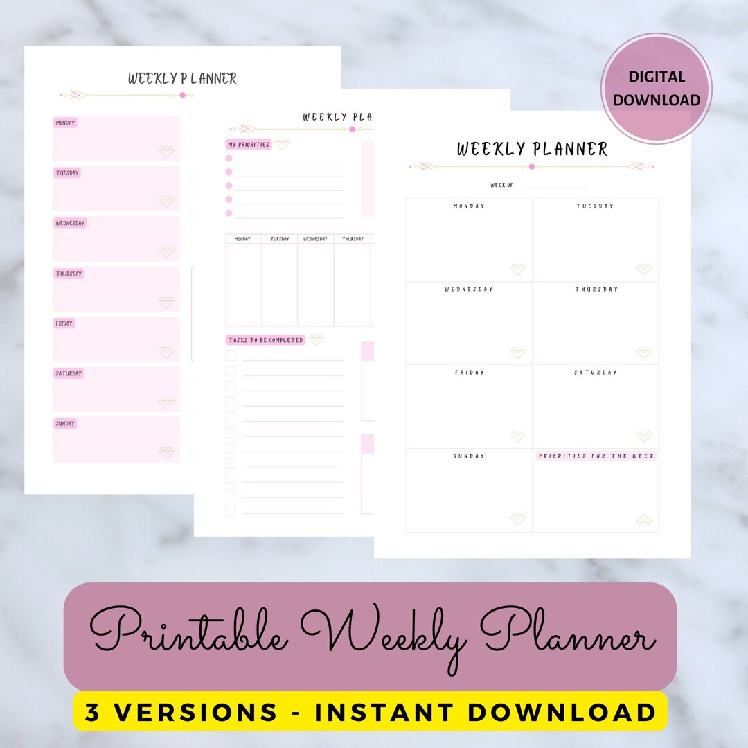 Printable Weekly Planner - Boho Pink Gold Weekly Planner 3 Versions in ...