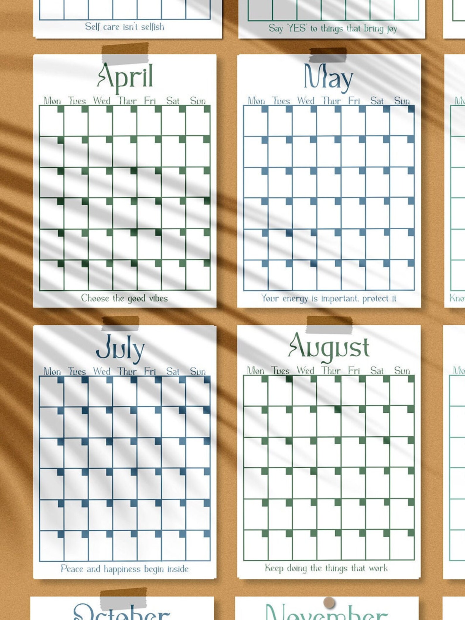 Calendar Printable Wall Calendar Positive Affirmations Blue Green Wall ...