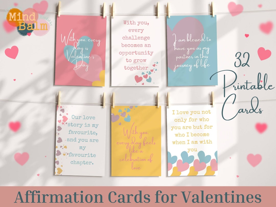 Valentine Affirmation Cards Digital Download Printable Gift Heart Retro ...