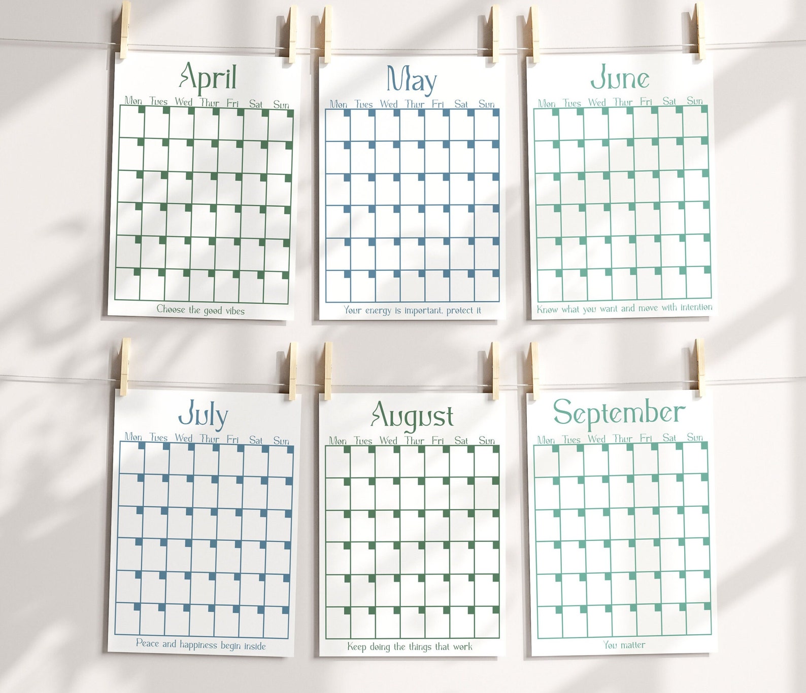 Calendar Printable Wall Calendar Positive Affirmations Blue Green Wall ...