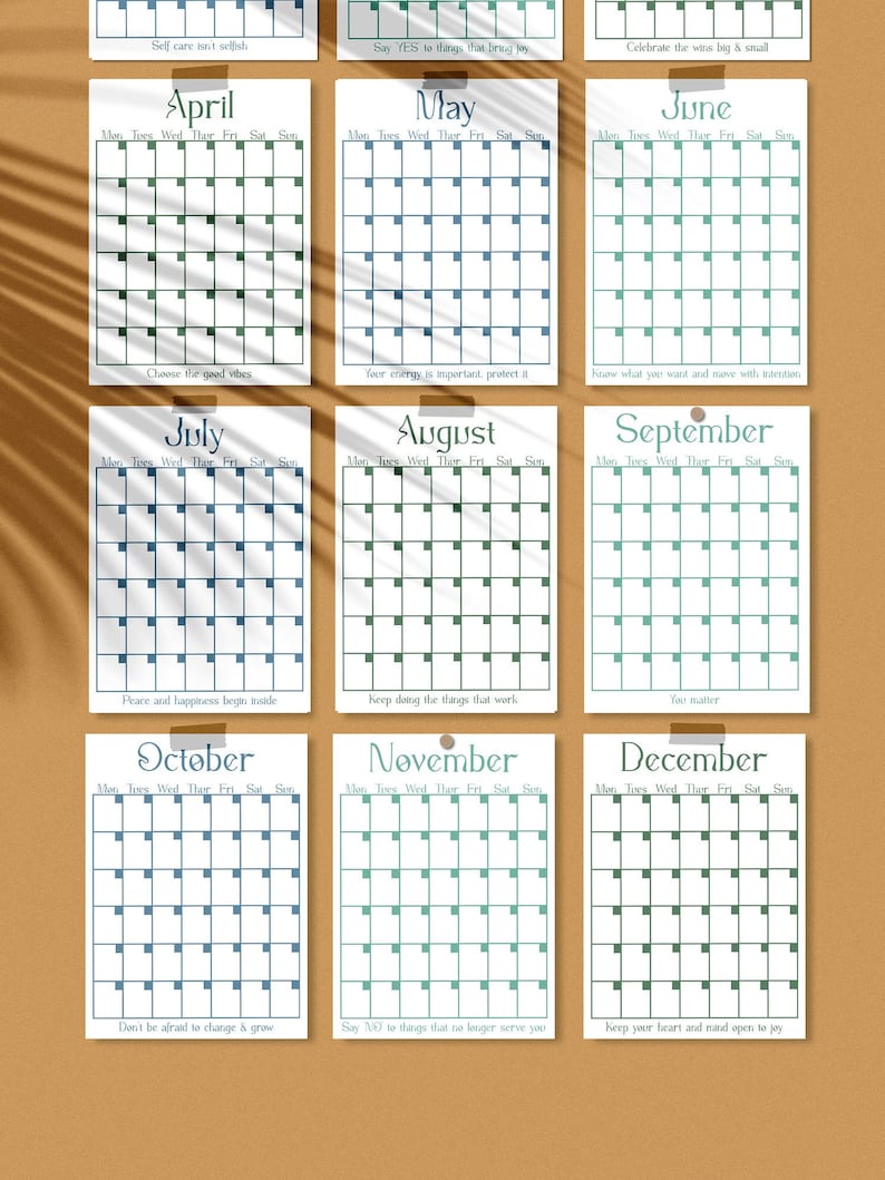 Calendar Printable Wall Calendar Positive Affirmations Blue Green Wall ...
