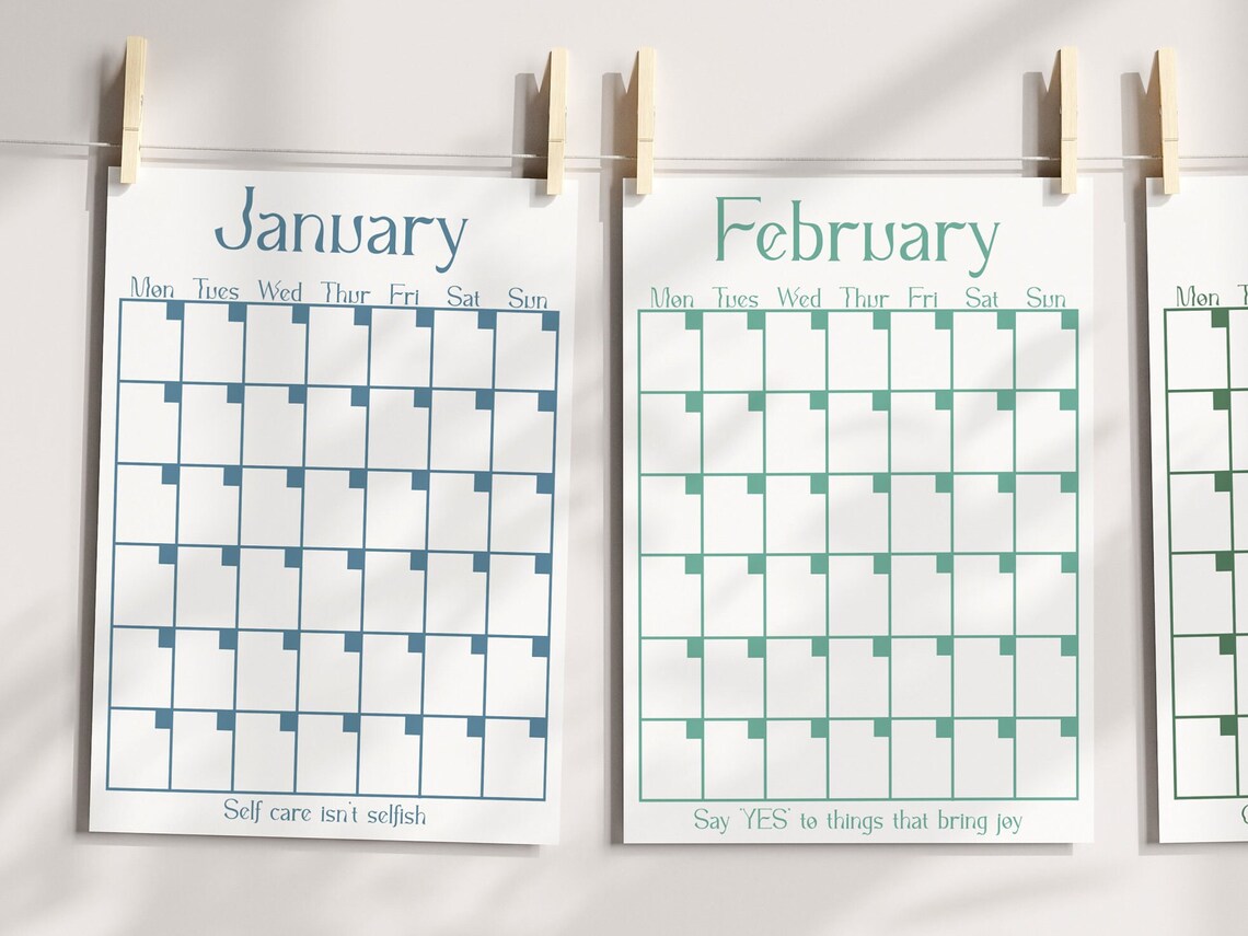Calendar Printable Wall Calendar Positive Affirmations Blue Green Wall ...