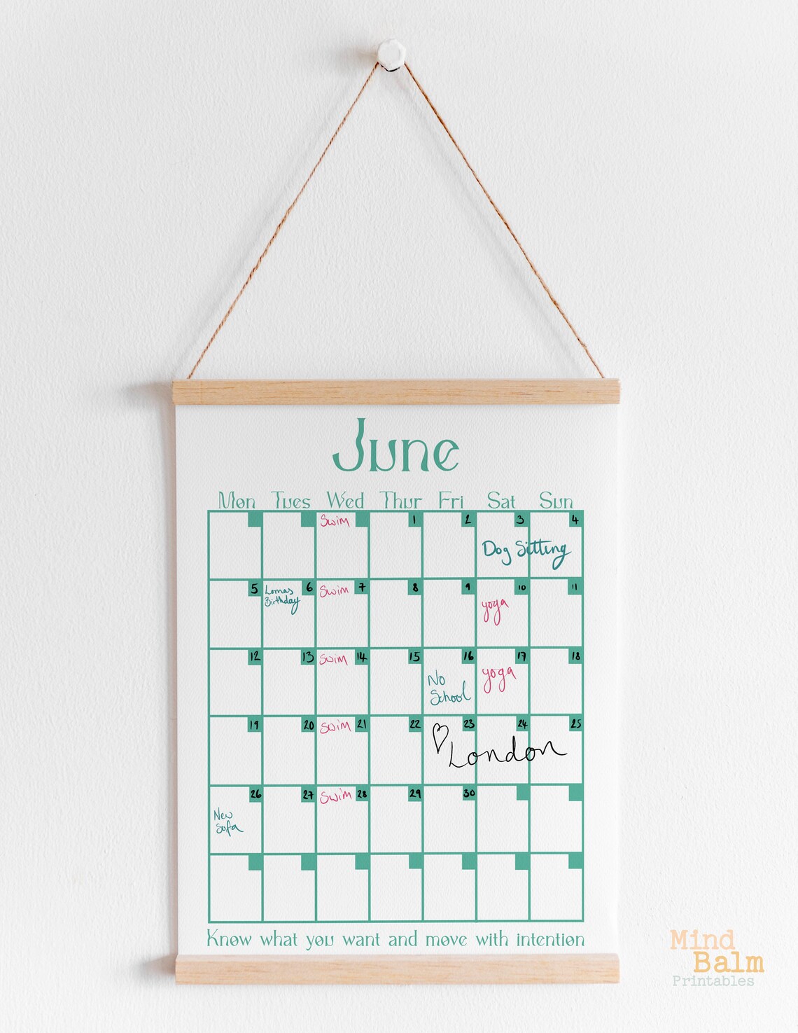 Calendar Printable Wall Calendar Positive Affirmations Blue Green Wall ...