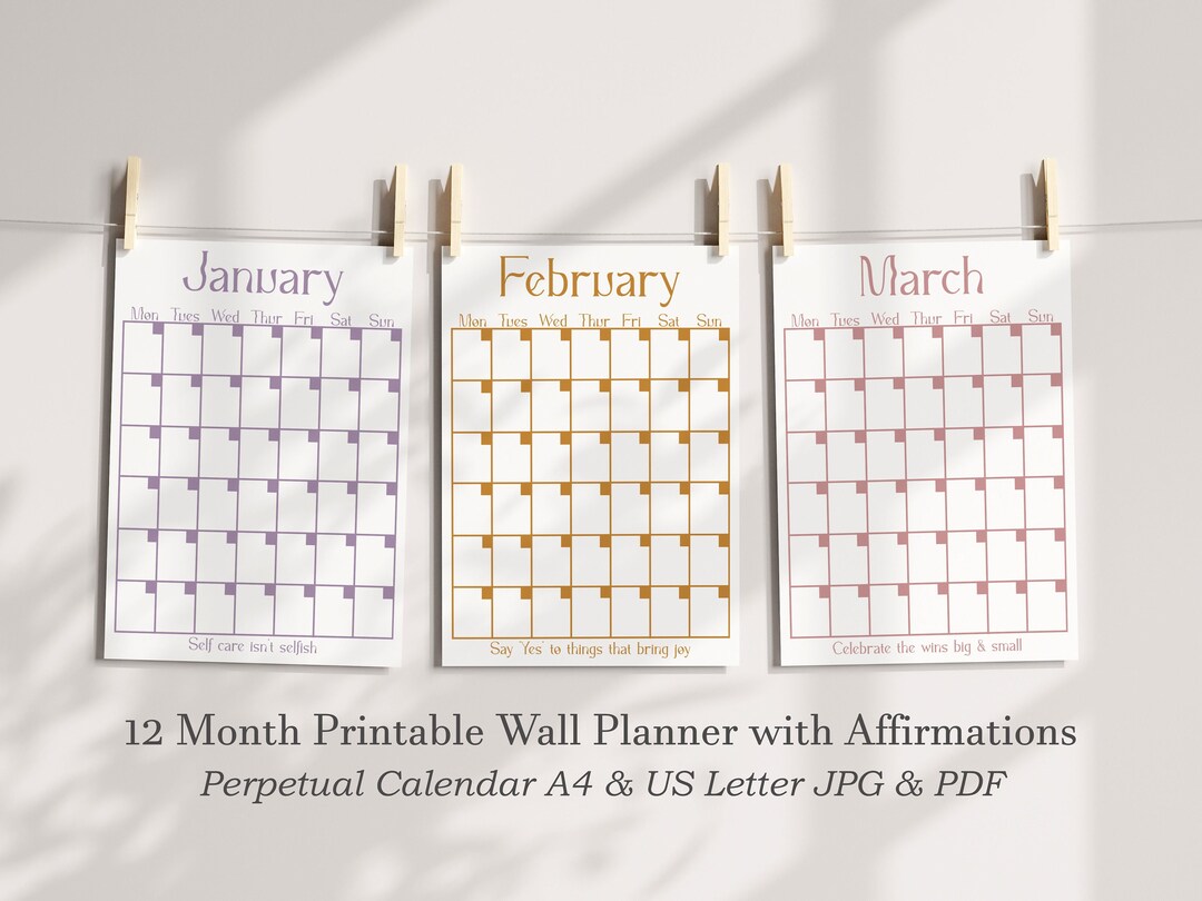Printable Undated Calendar, Positive Affirmations Wall Planner, 12 ...