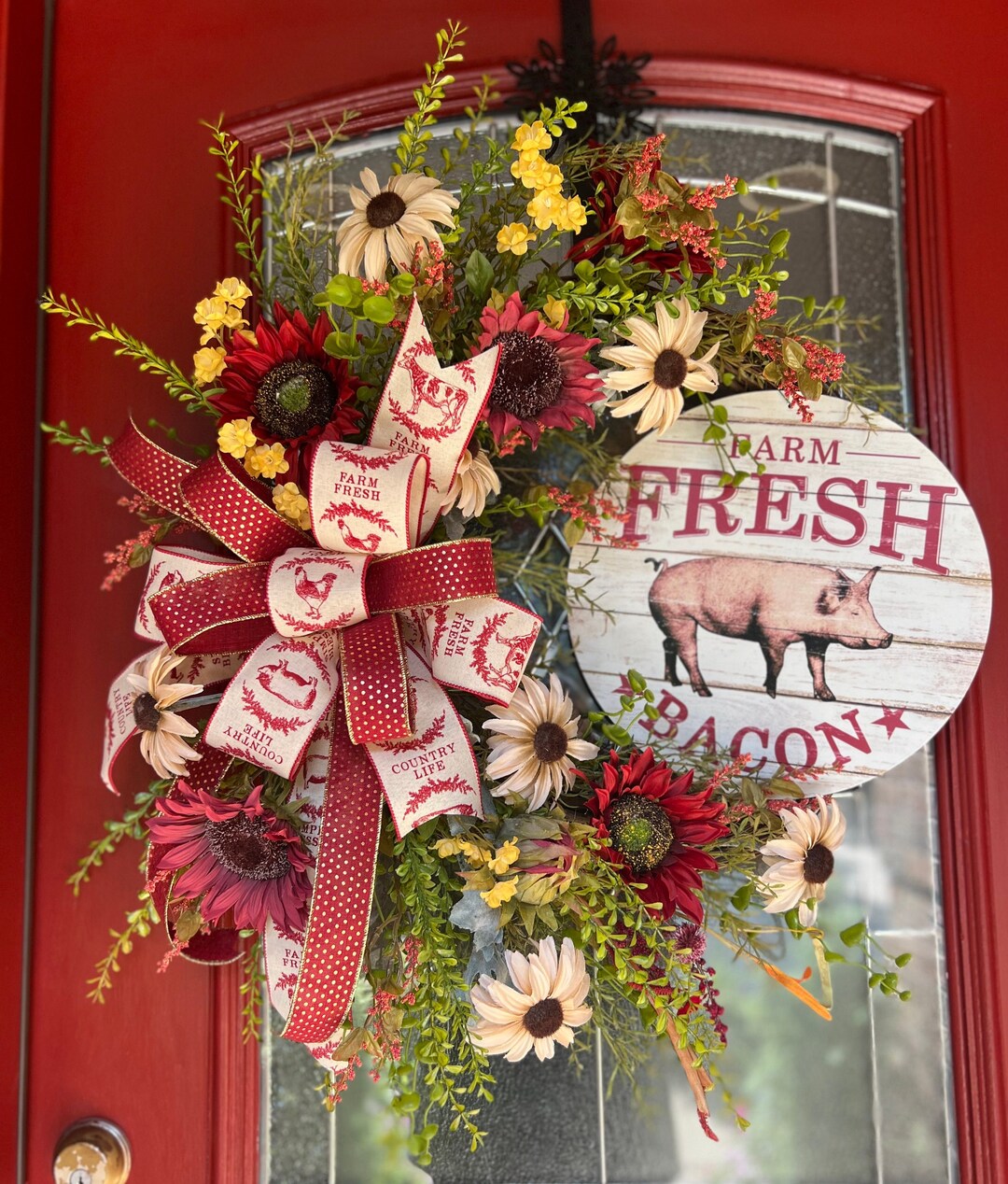 Farm Fresh Bacon With Pig and Sunflowers Grapevine Wreath for Your ...