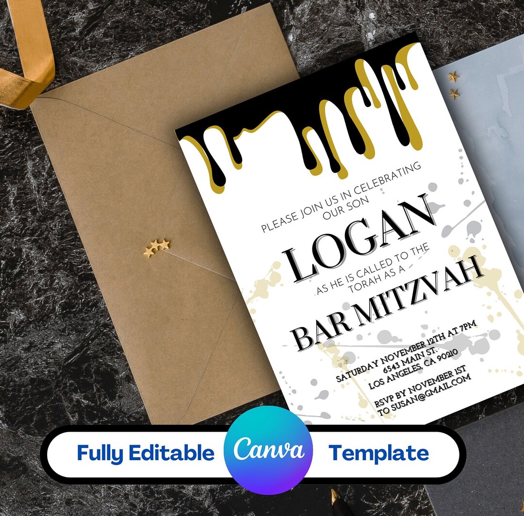 Unique Black and Gold Bar Mitzvah Invitation, Digital Editable Download ...