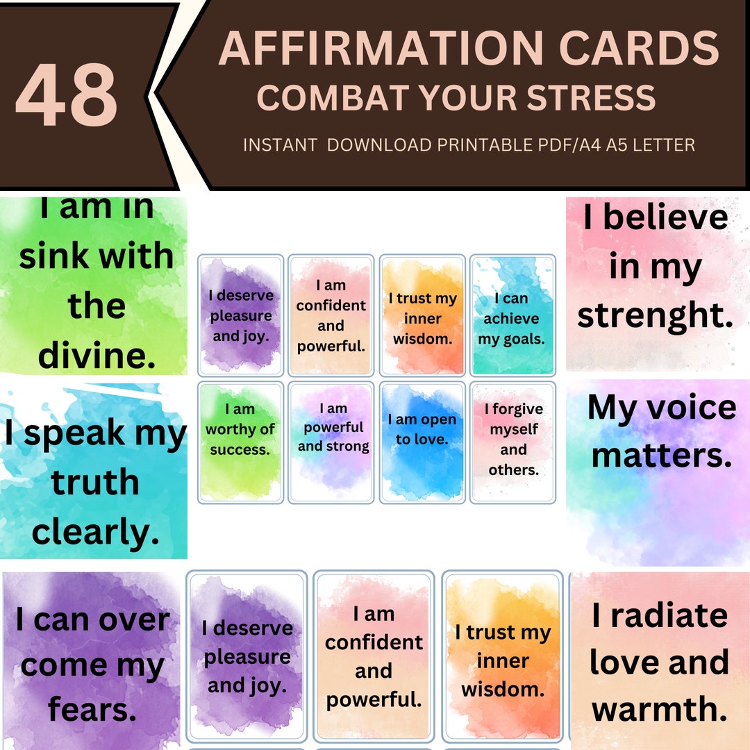 48 Positive Affirmation Cards to Combat Stress, Printable Cards ...