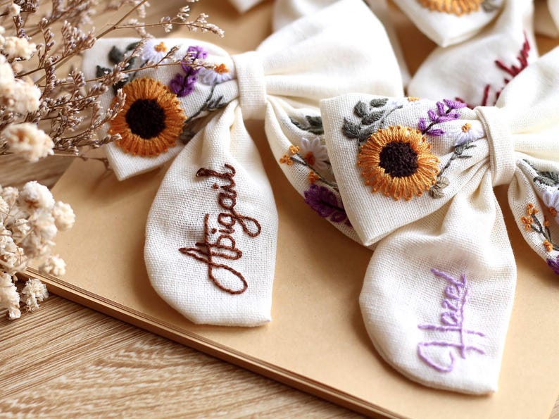 Sunflowers Baby Bow, Custom Name Hand Embroidered Baby Bow, Baby Gift ...