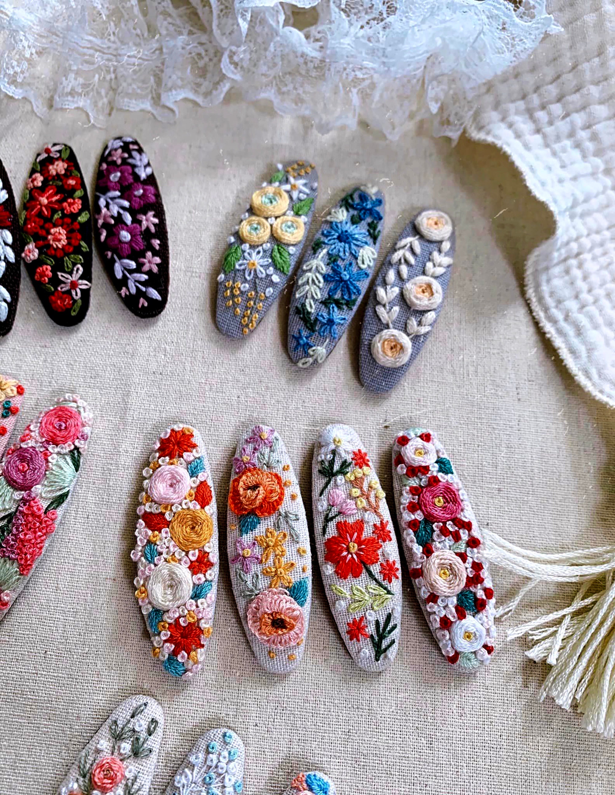 Floral Embroidered Hair Clips, Flower Linen Hair Clips Handmade ...