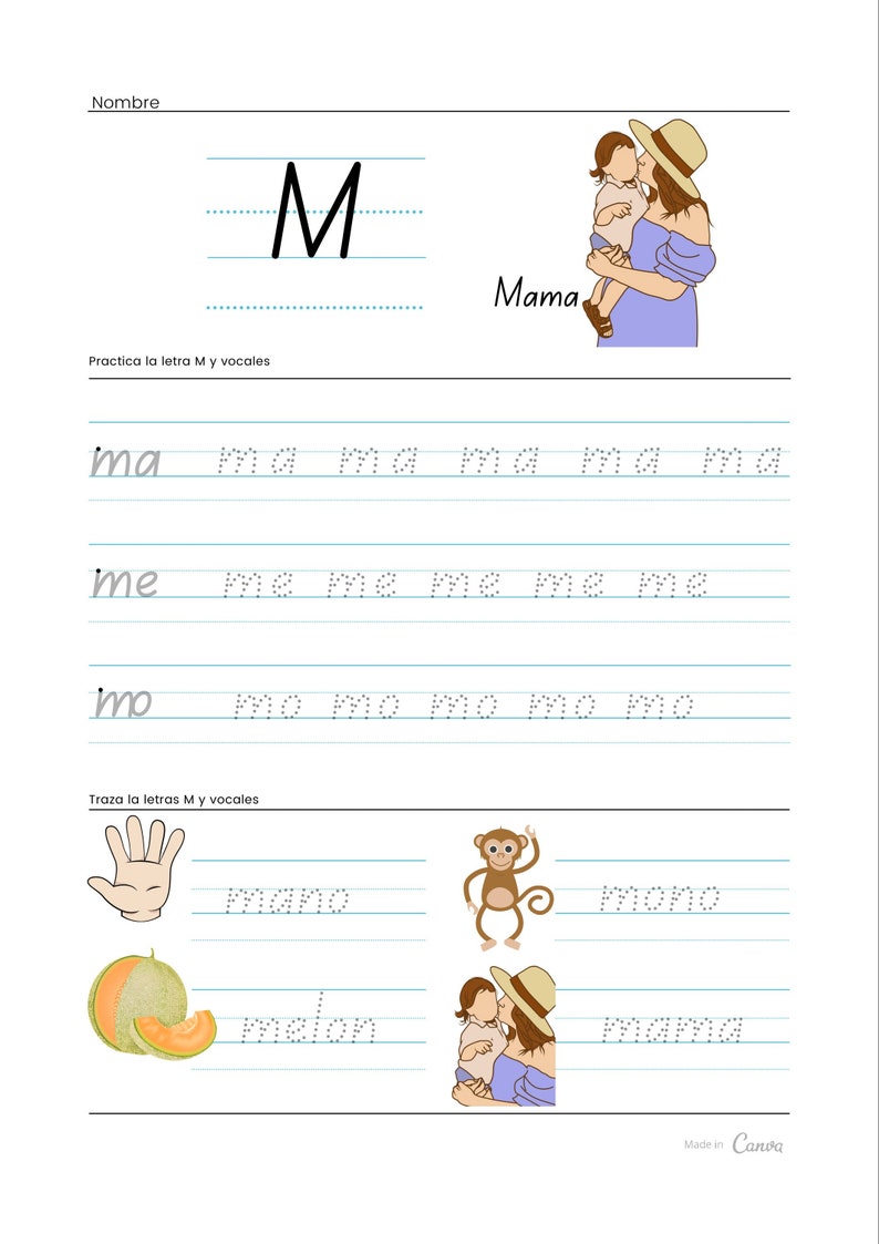 Bilingual Spanish Worksheet Letra M Tracing,spanish Alphabet , Kid ...