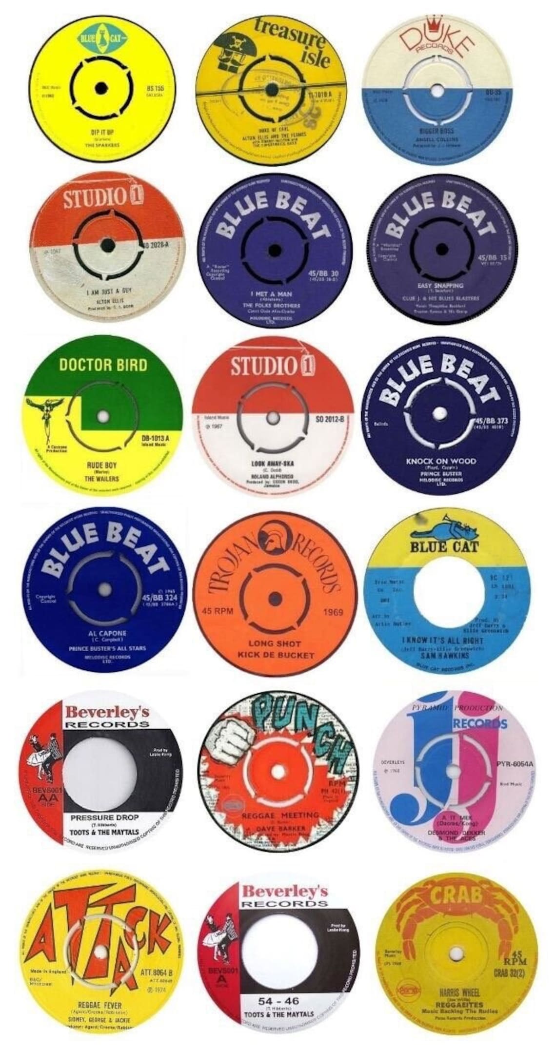 Stickers Vinyl Reggae Records 18x85mm Duke Blue Beat Trojan Cat Retro ...